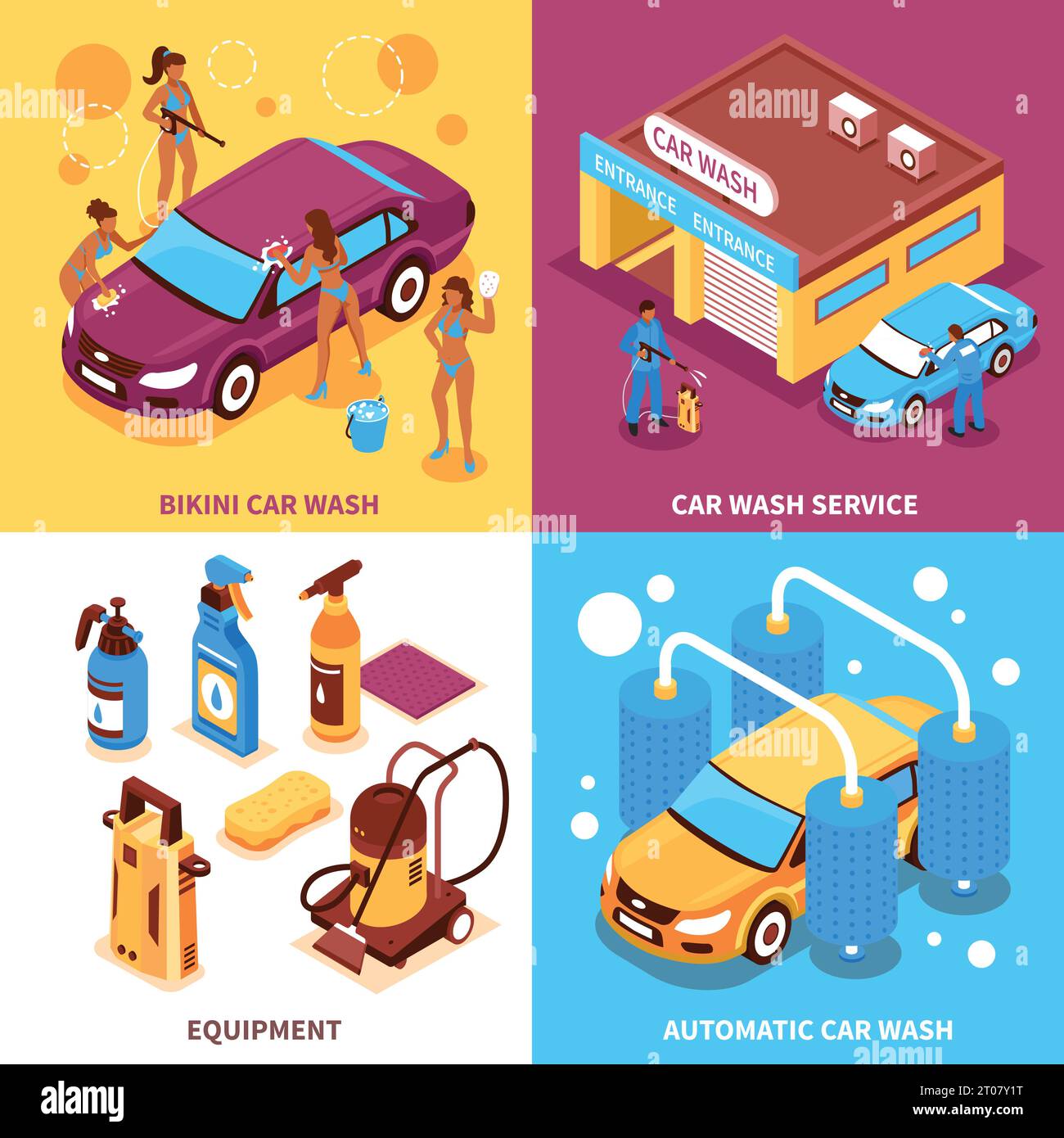 Car wash service isometric design concept with automatic cleaning girls ...