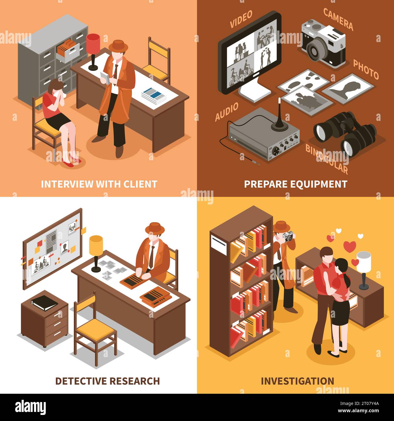 Detective design concept with covered man in coat and his client ...