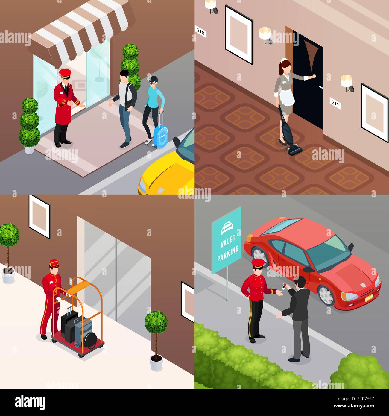Hotel service 2x2 design concept set of doorman meeting visitors room cleaner valet parking ...