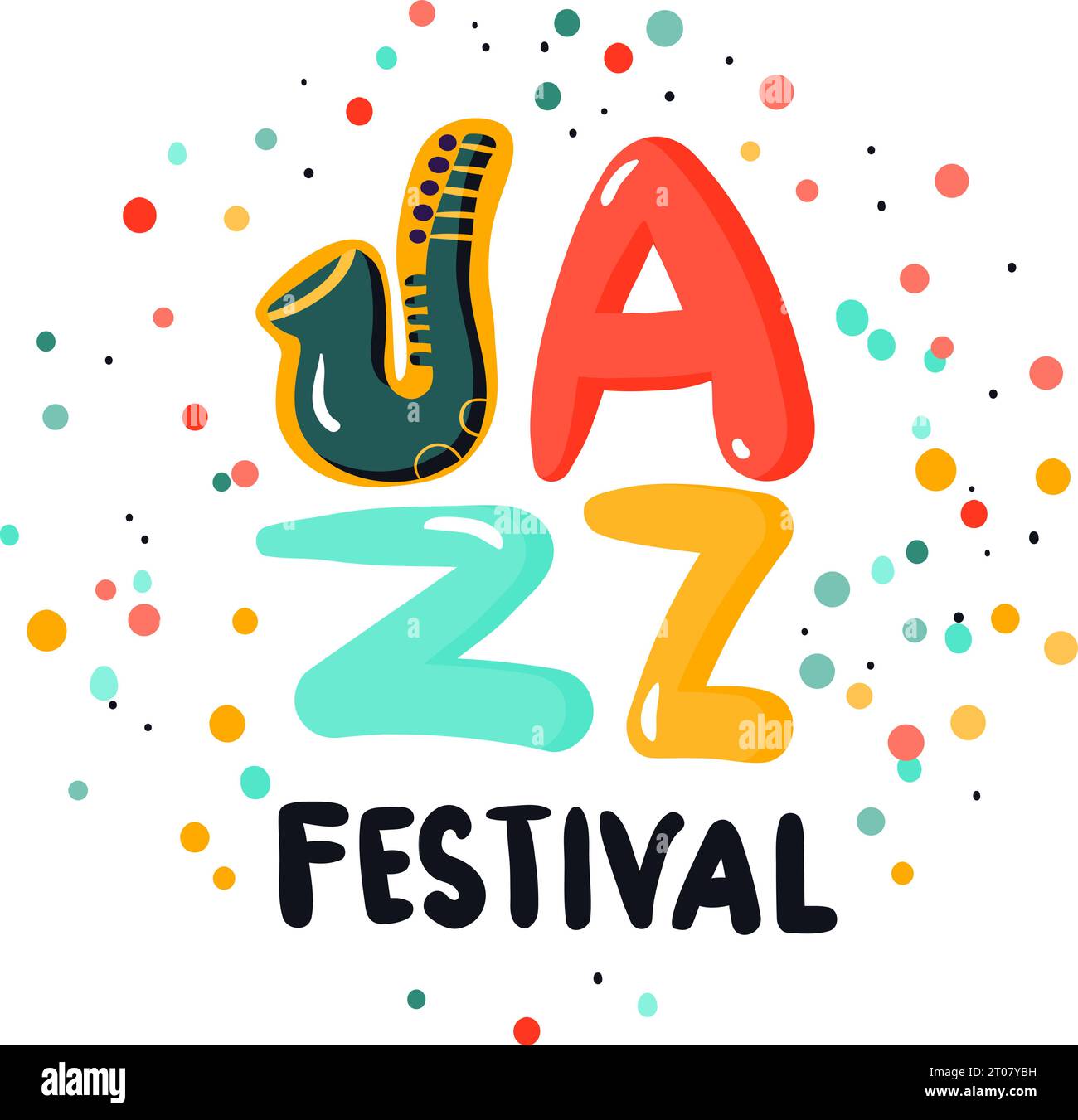 Jazz festival sign concept with colorful letters and dots on white ...