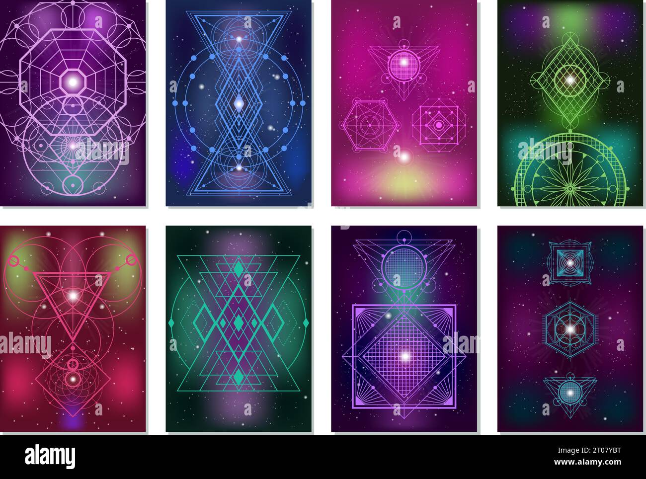 Popular sacred geometry ancient symbols 8 colorful banners with glowing ...