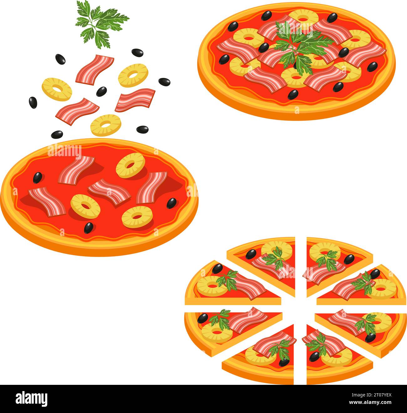 Colored Pizza Sliced Isometric Icon Set With Stages Of Pizza Making Step By Step Vector