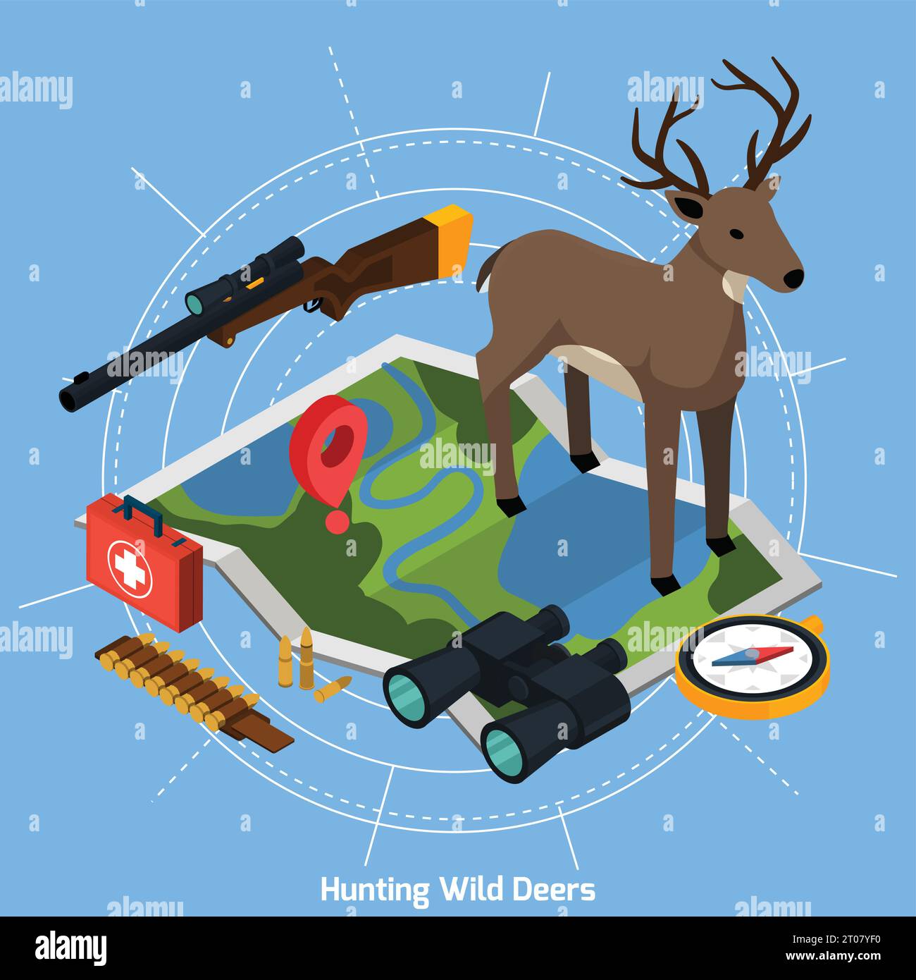 Colored hunting isometric concept with deer at the center on map on ...