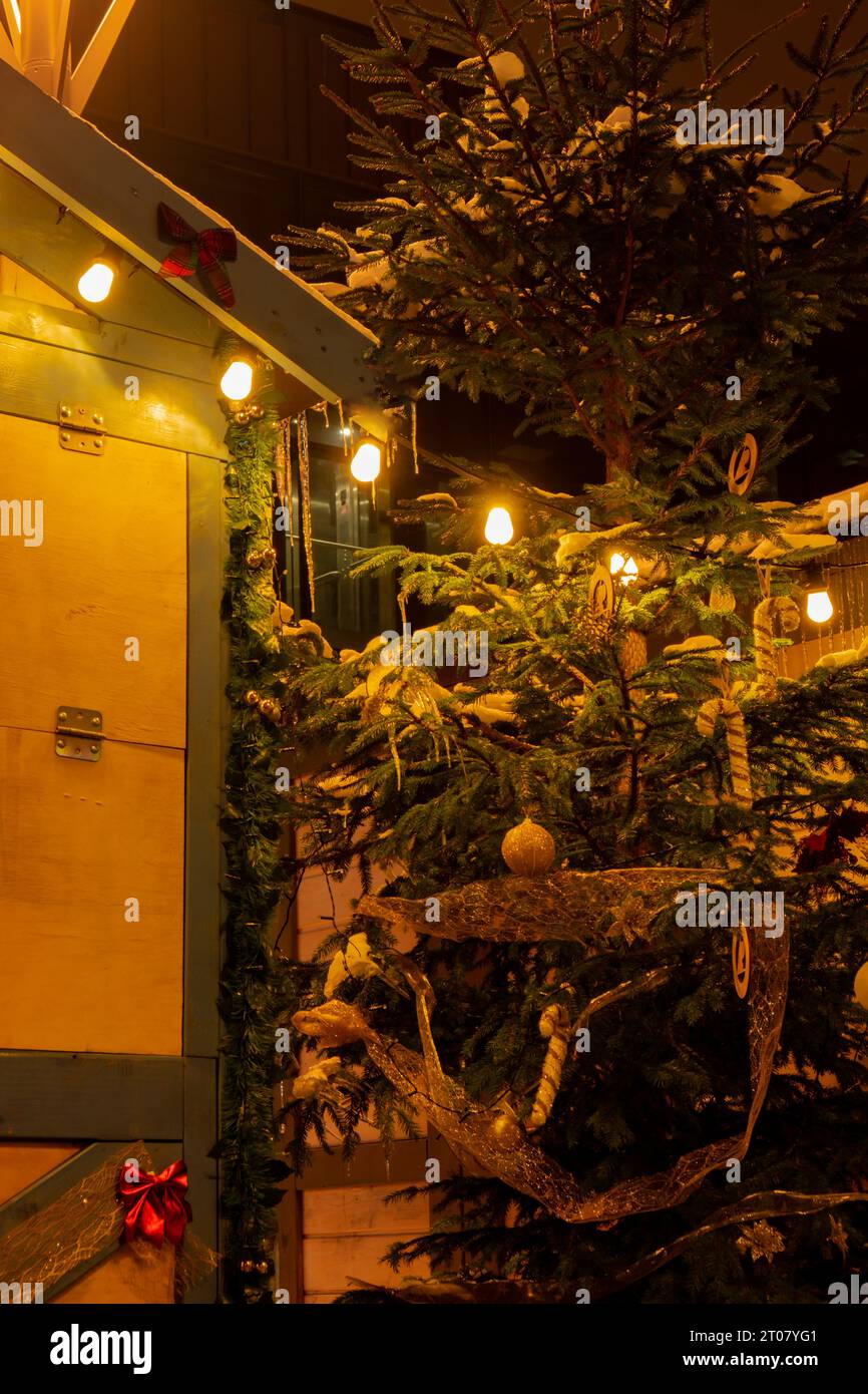 Holiday Decorated and illuminated street at night in Gdansk Poland ...