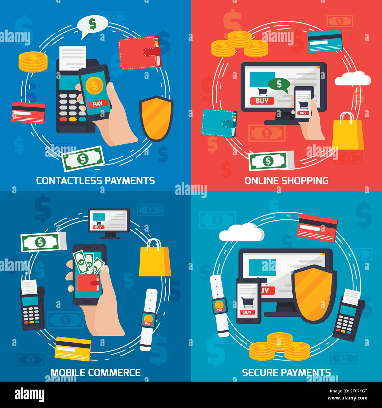 Mobile commerce orthogonal 2x2 colorful composition with flat images of ...