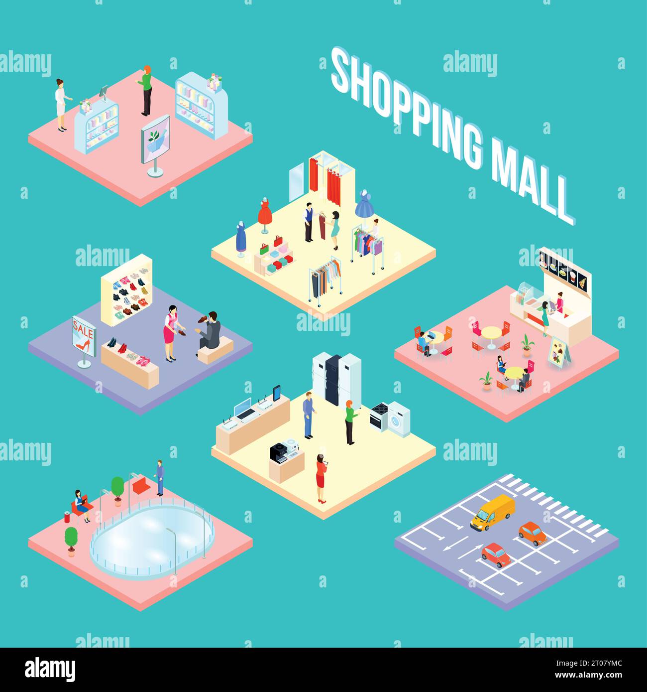 Isometric shopping mall set object with some samples of shop interior ...