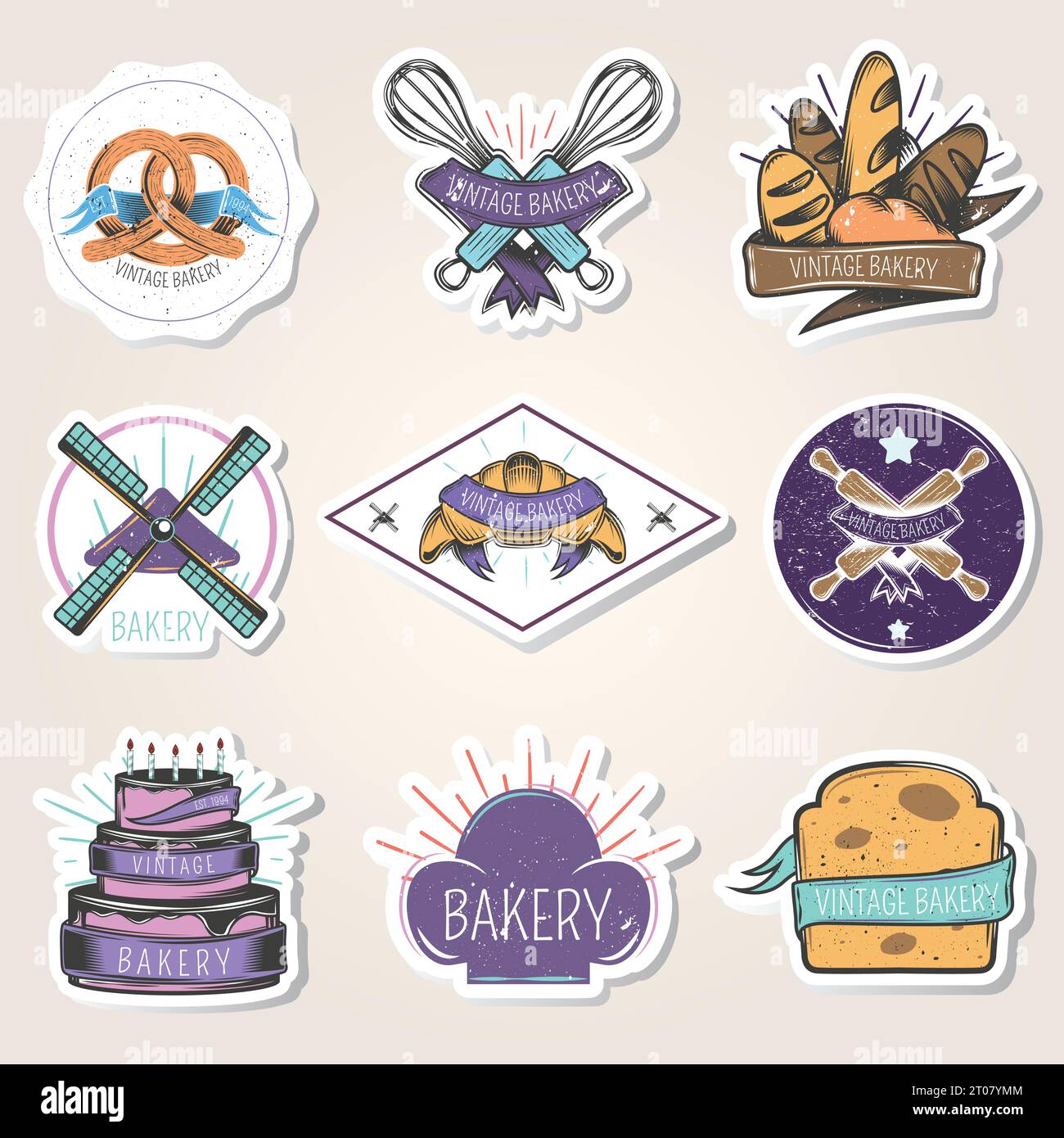 Bakery set of stickers with flour products, culinary tools, windmill ...