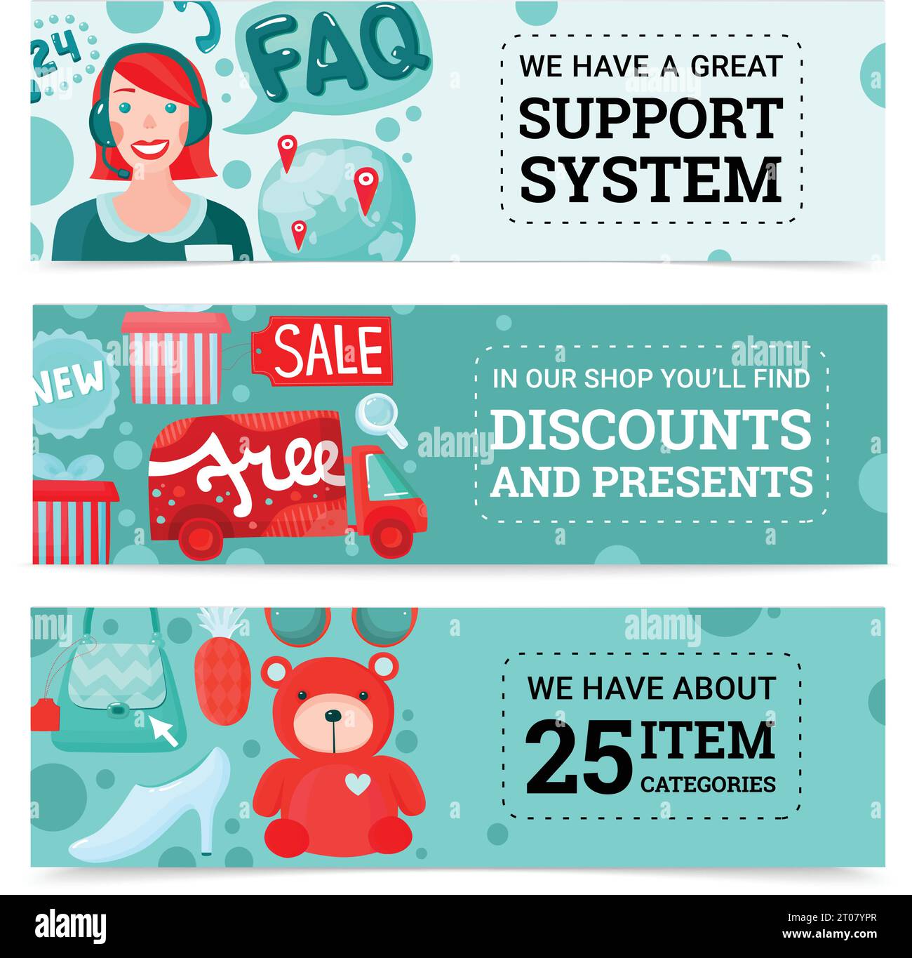 Online shopping horizontal banners collection with cartoon style images ...