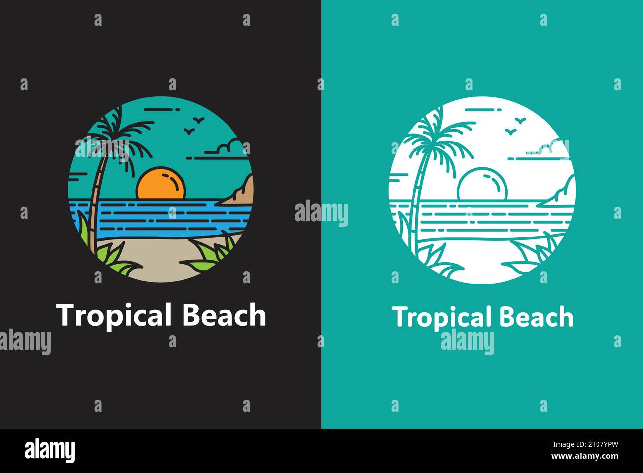 Tropical beach logo with a palm tree at sunset emblem style design ...
