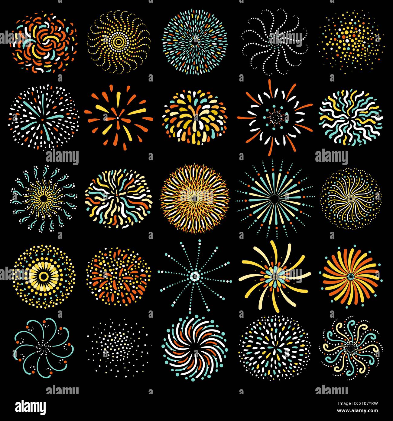 Festive colorful round firework icons big collection on black ...