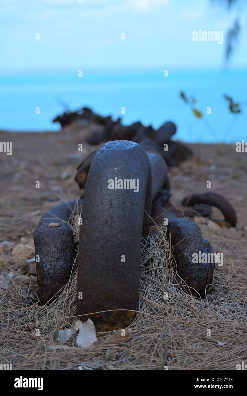 a WW2 Anti-submarine dragnet chain on a beachside cliff in Darwin ...