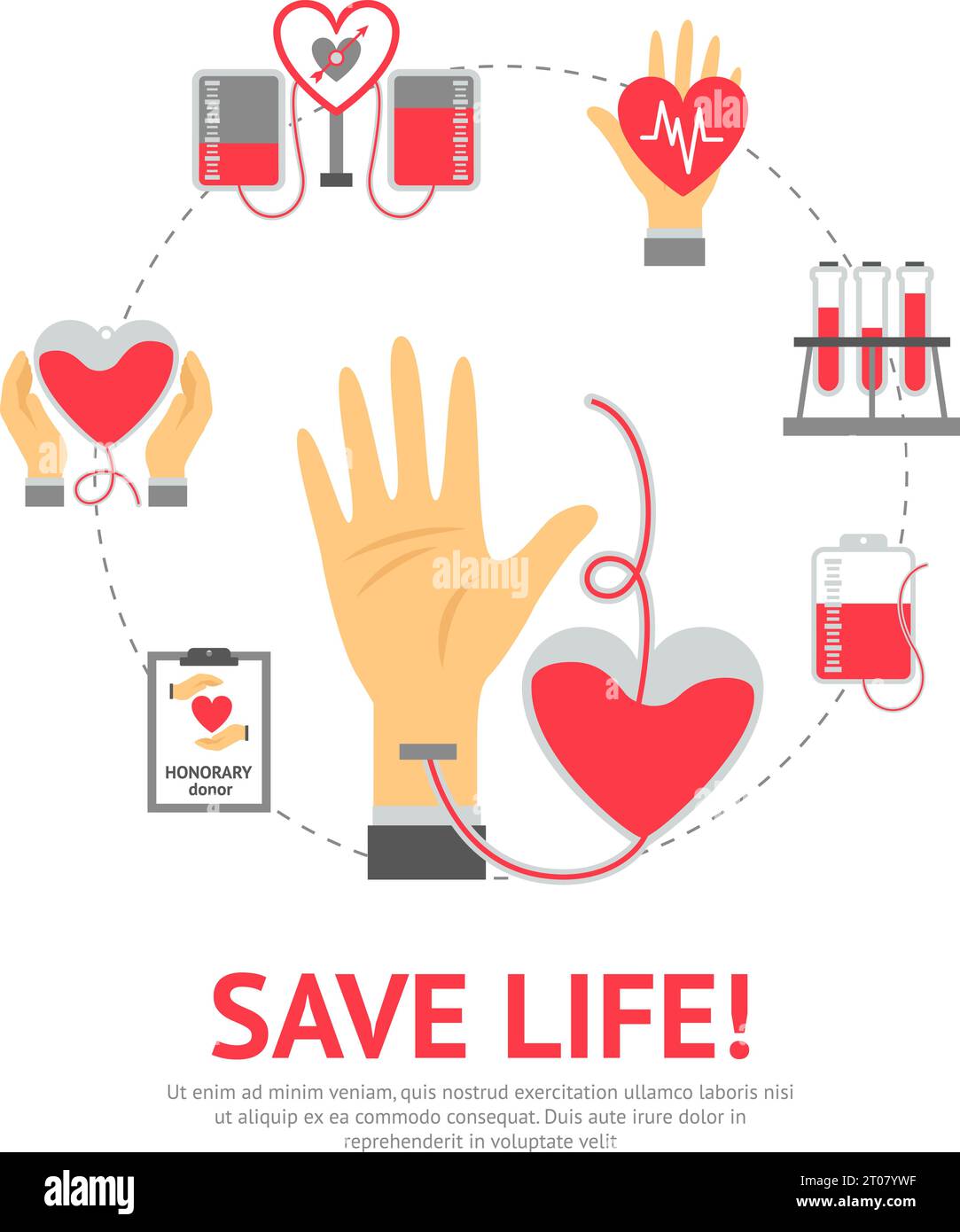 Donor flat concept with blood donation and transfusion process icons ...