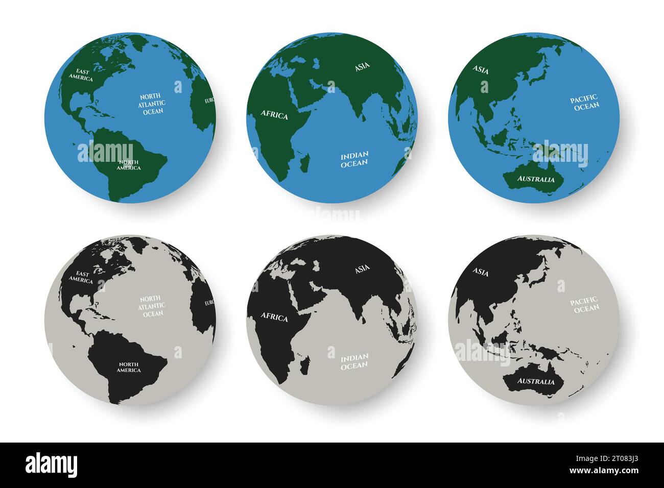 Set of earth globe icons, colourful and silhouette earth continents ...