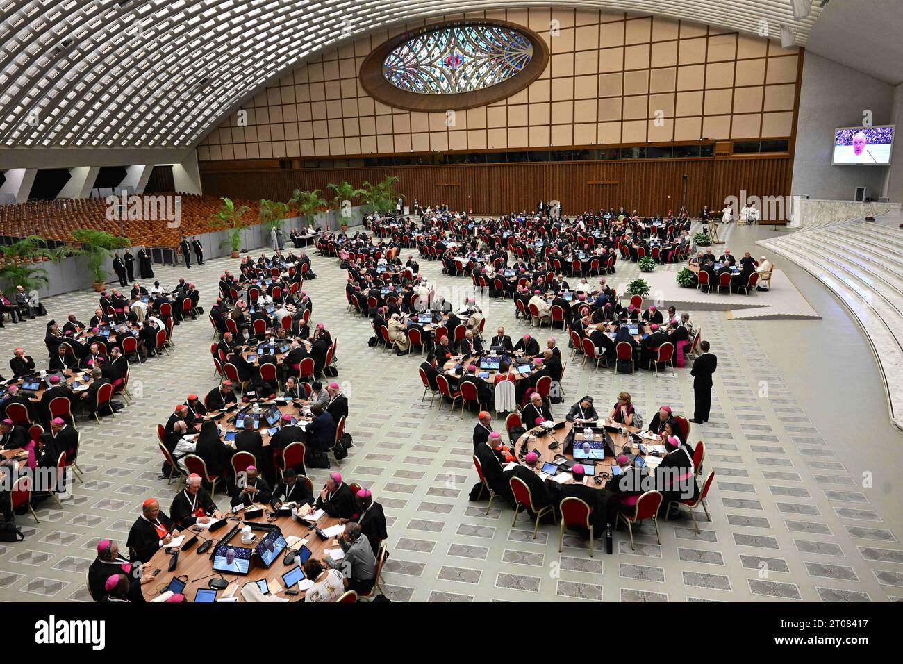 Pope Francis (up right) attends the Opening of the XVI Ordinary General Assembly of the Synod on ...
