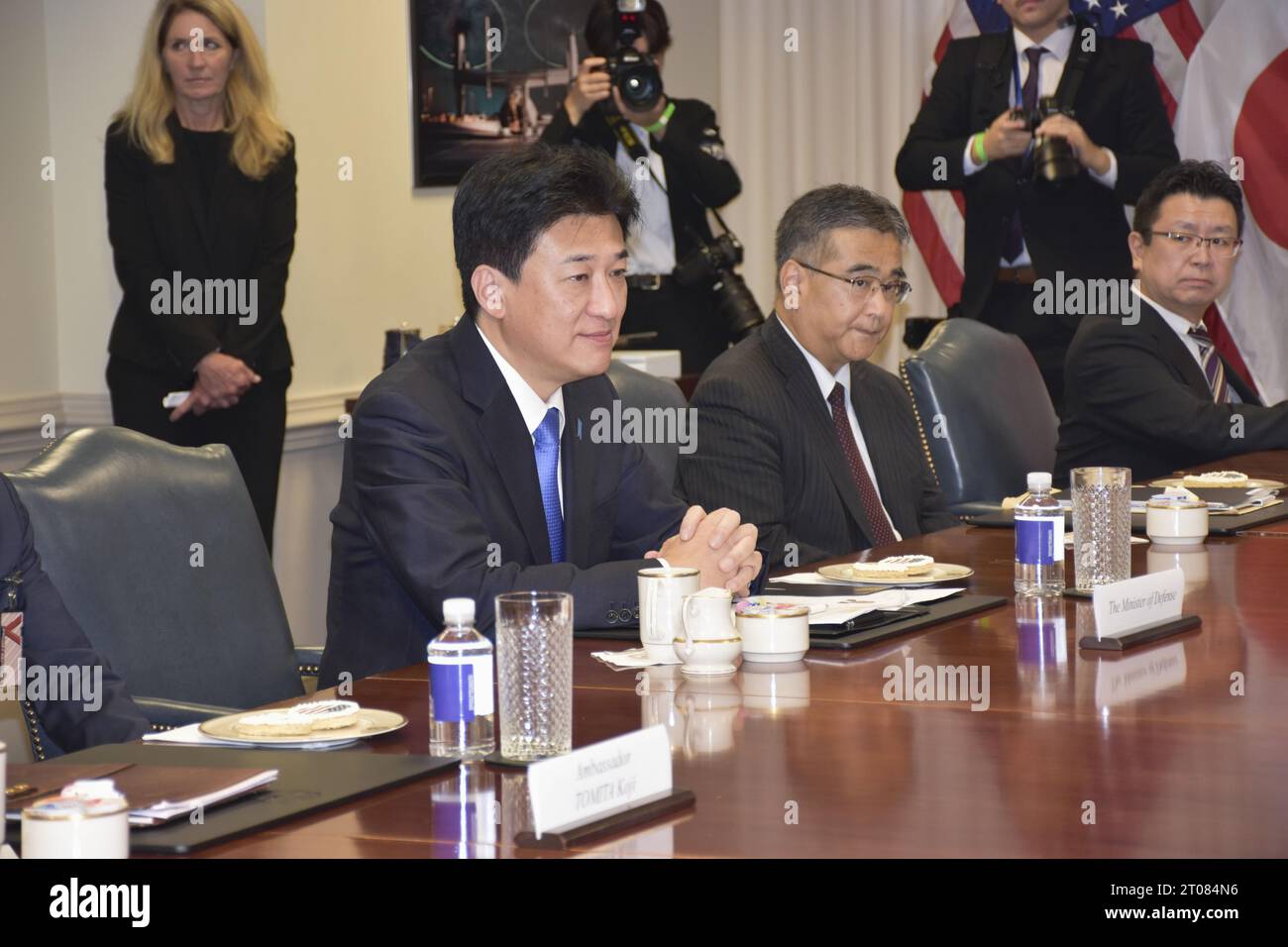 Japanese Defense Minister Minoru Kihara (front L) holds talks with U.S ...