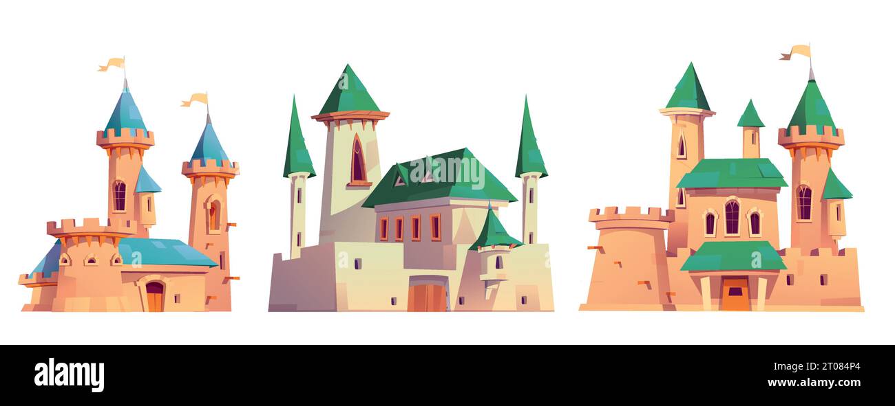Cartoon set of medieval castles isolated on white background. Vector ...