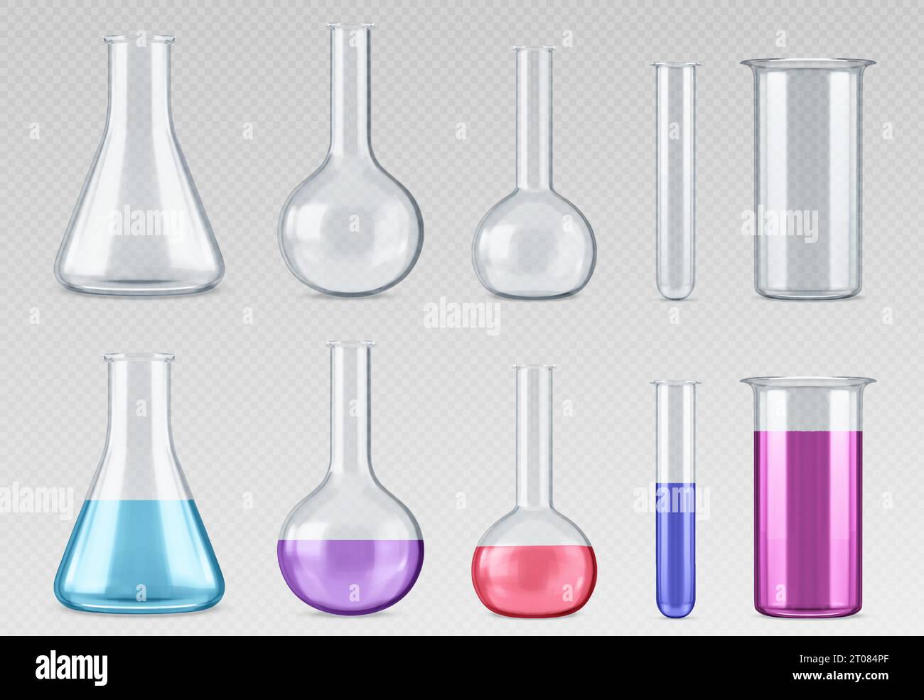 Chemistry measuring glass tubes and beakers. Realistic vector illustration set of empty ...