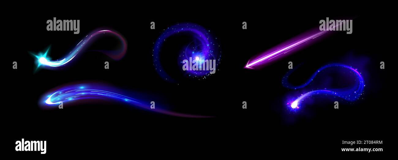 Rocket or spaceship engine trail light effect vector. 3d plane ship ...