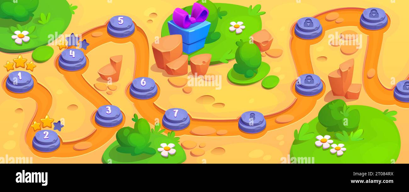 Game road map with level indicators. Sand desert with green grass and plants islands, gift box ...