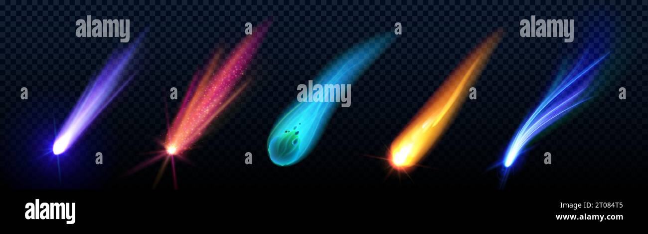 Comet or meteor trails set isolated on transparent background. Vector realistic illustration of ...