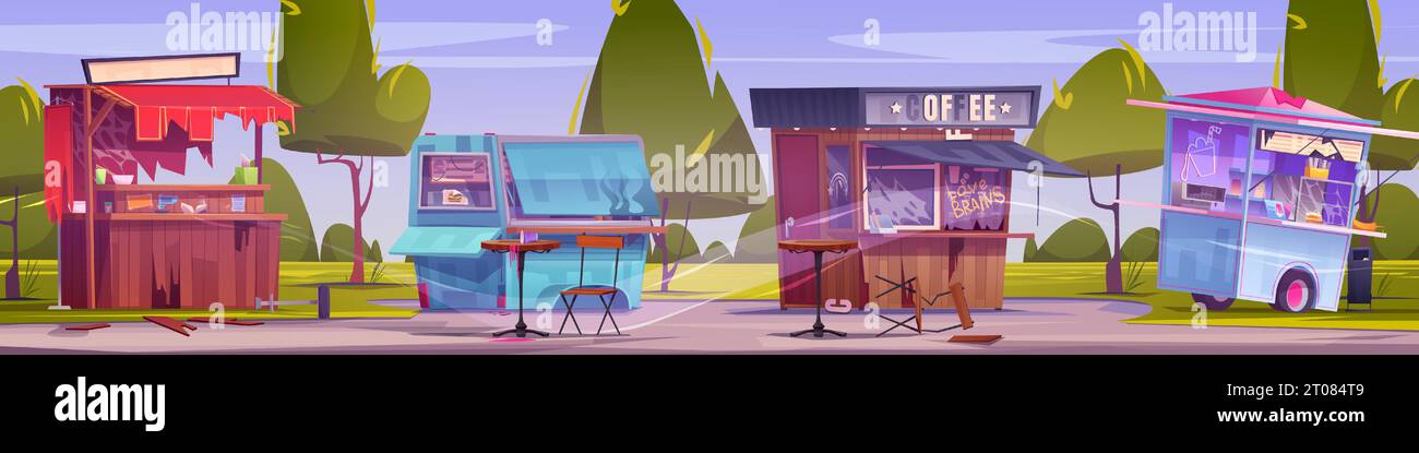 Street market with abandoned and broken food and drinks kiosks with ...