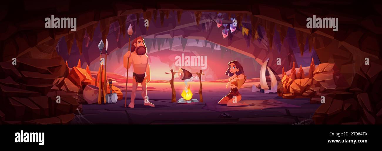 Prehistoric age cave with man cartoon vector scene. Primitive human ...