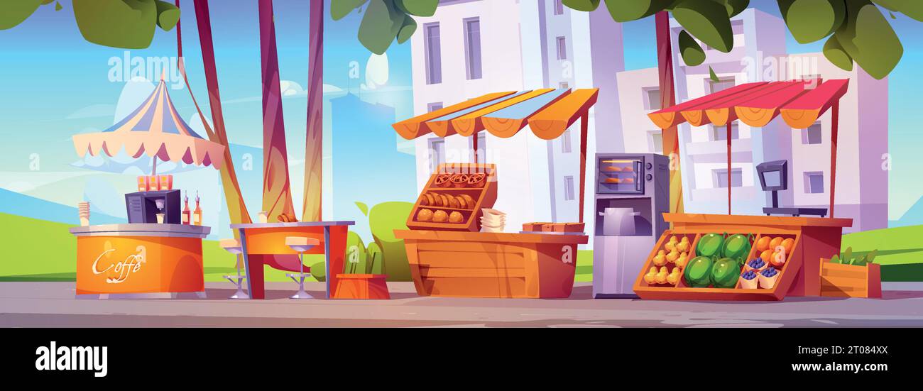 Street food fruit market in city park cartoon illustration. Fresh farm ...