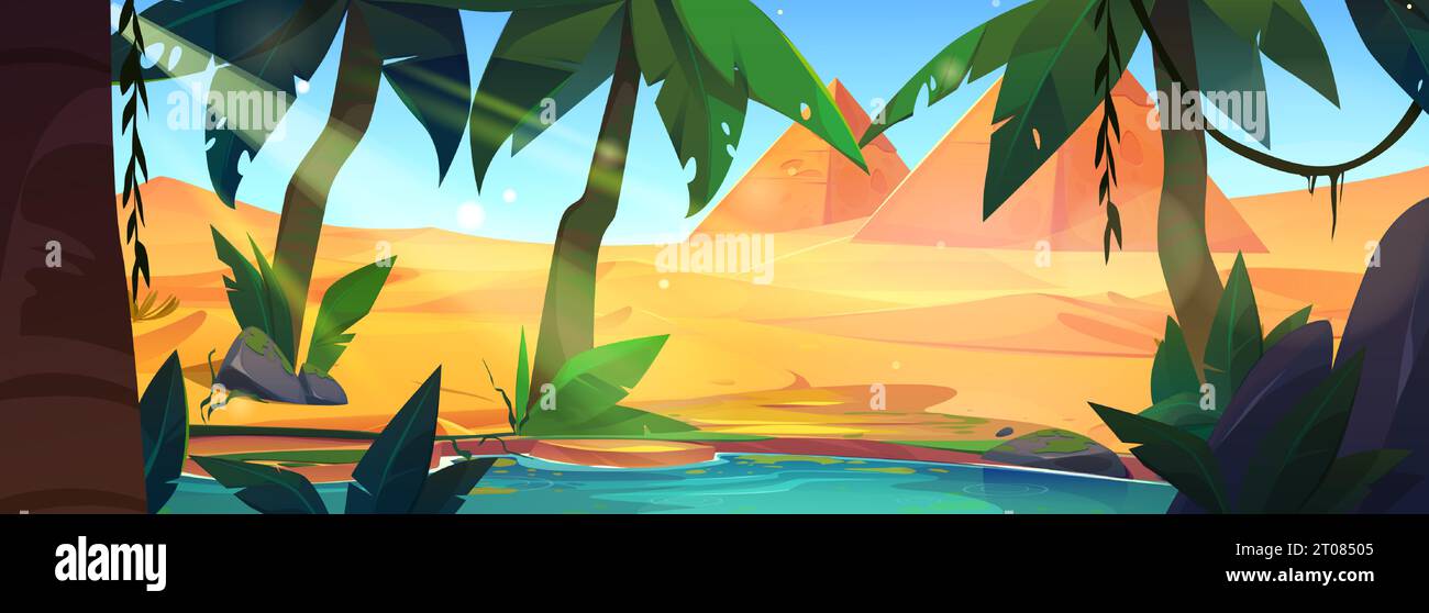 Lake in sandy desert with ancient pyramids. Vector cartoon illustration ...