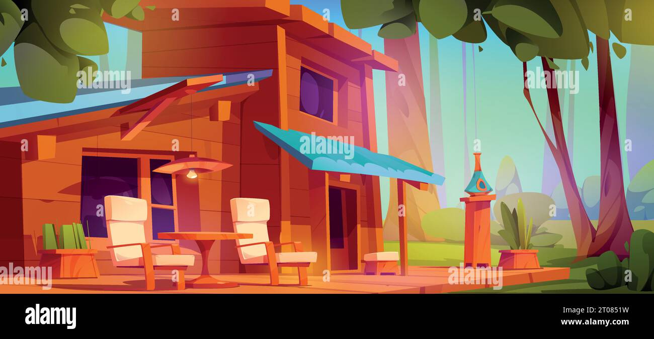 Wooden house with terrace in forest. Cartoon vector summer landscape of ...