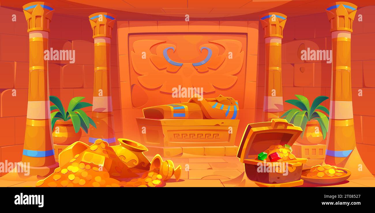 Egyptian pyramid interior with sarcophagus and piles of gold on floor ...