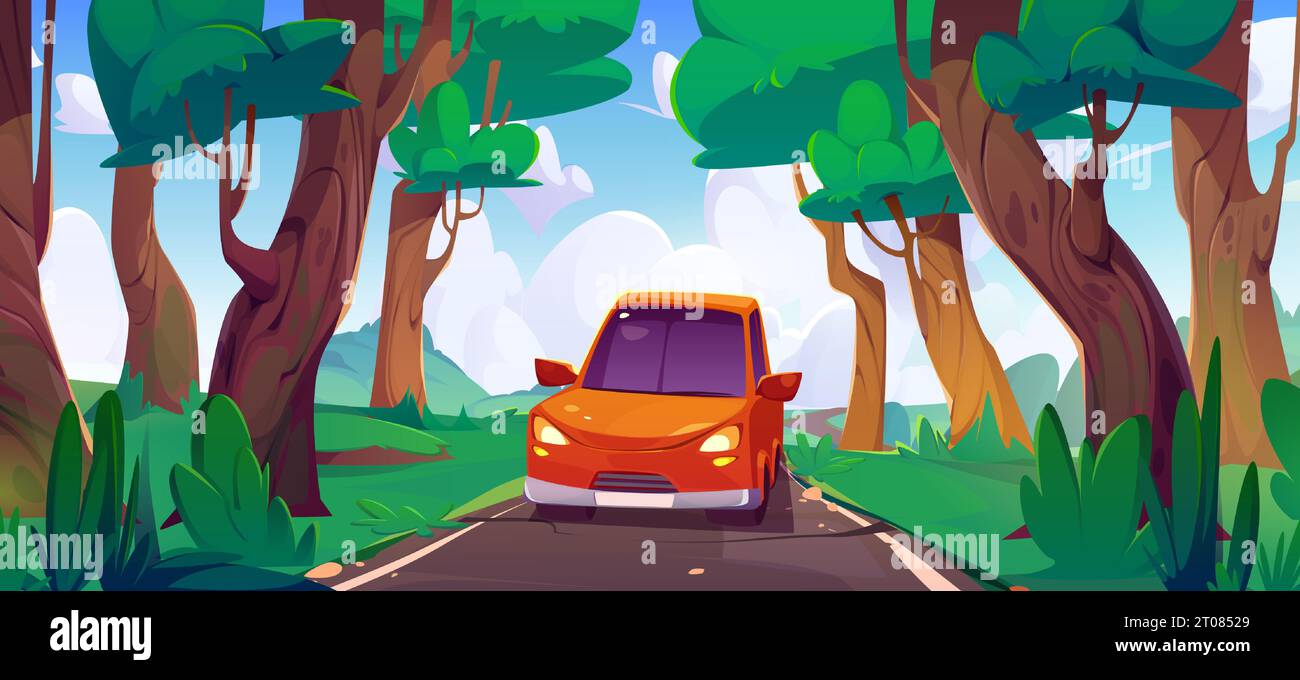 Red car driving along asphalt road in forest. Cartoon vector landscape ...
