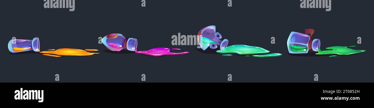 Fallen glass tubes with spilled colored potions. Overturned bottles of ...