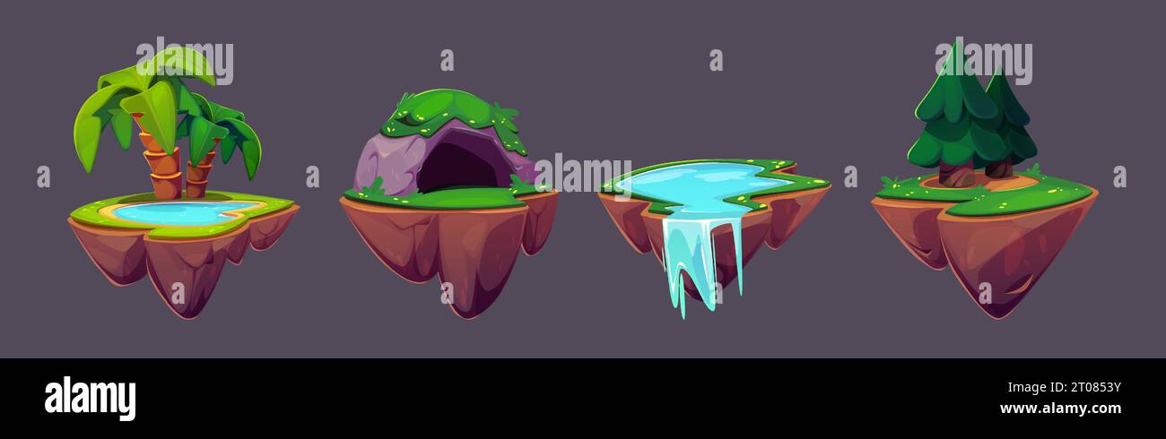 Floating game island and fantasy land cartoon vector platform. Magic ui ...