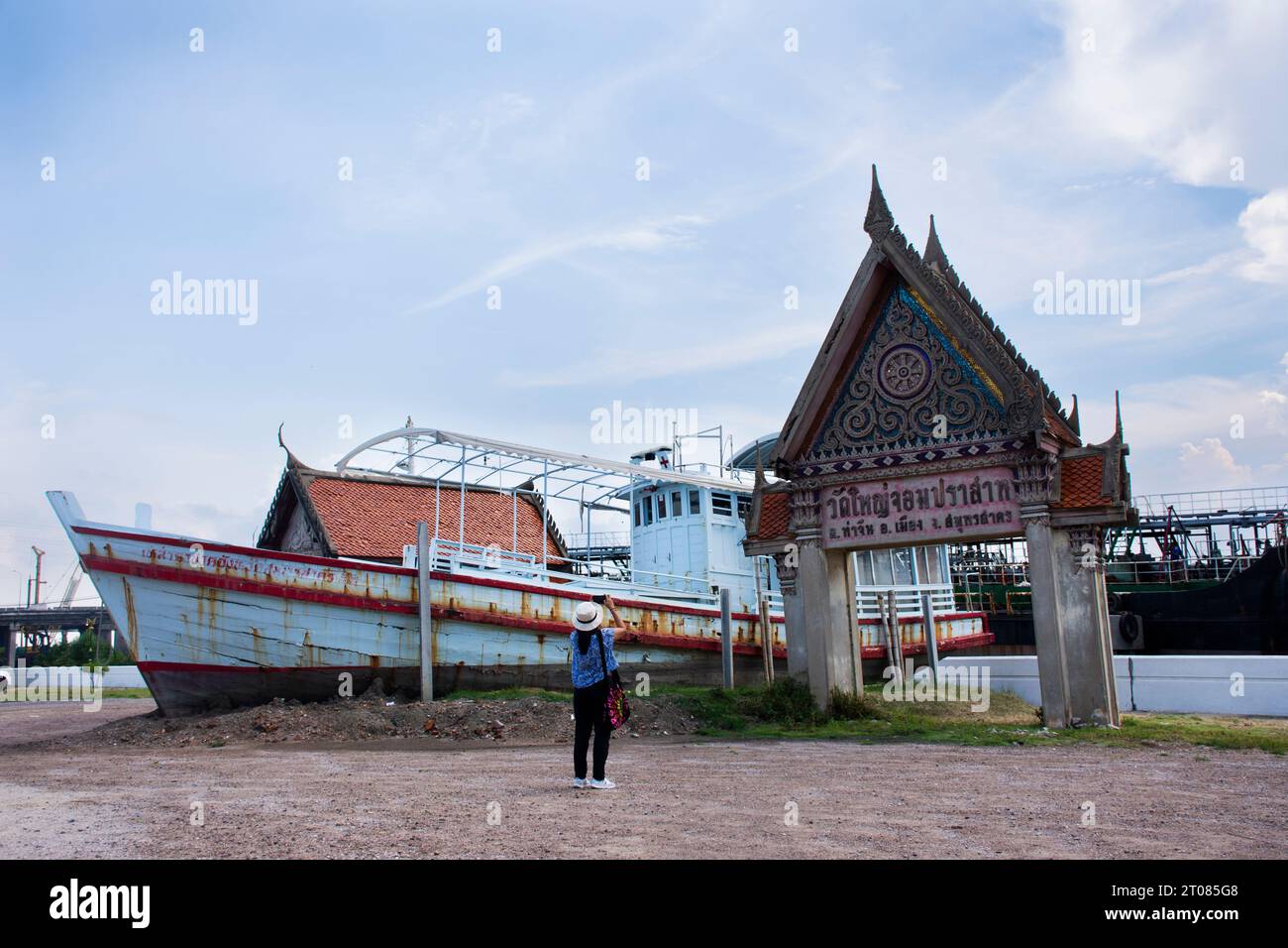 Ancient ruins wooden ship or antique old ruin boat for thai people ...