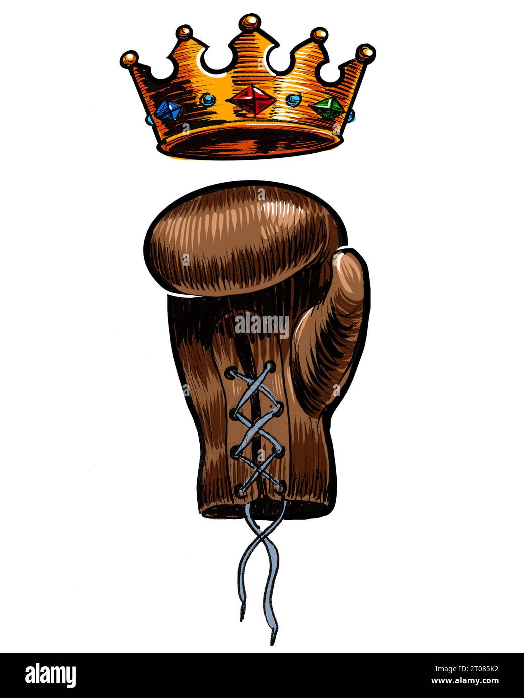 Vintage boxing glove with golden crown. Hand-drawn ink on paper and ...