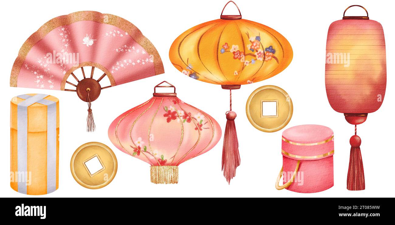 Watercolor set of isolated elements: gifts fan festive garlands and ...