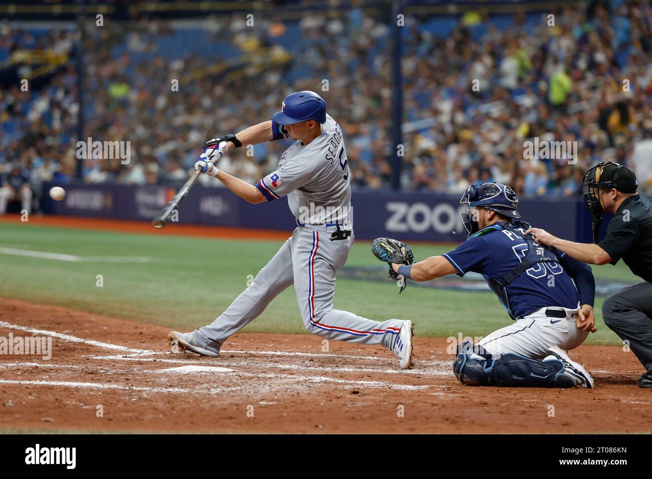 St. Petersburg, FL USA; Texas Rangers shortstop Corey Seager (5) hits a double to right field ...