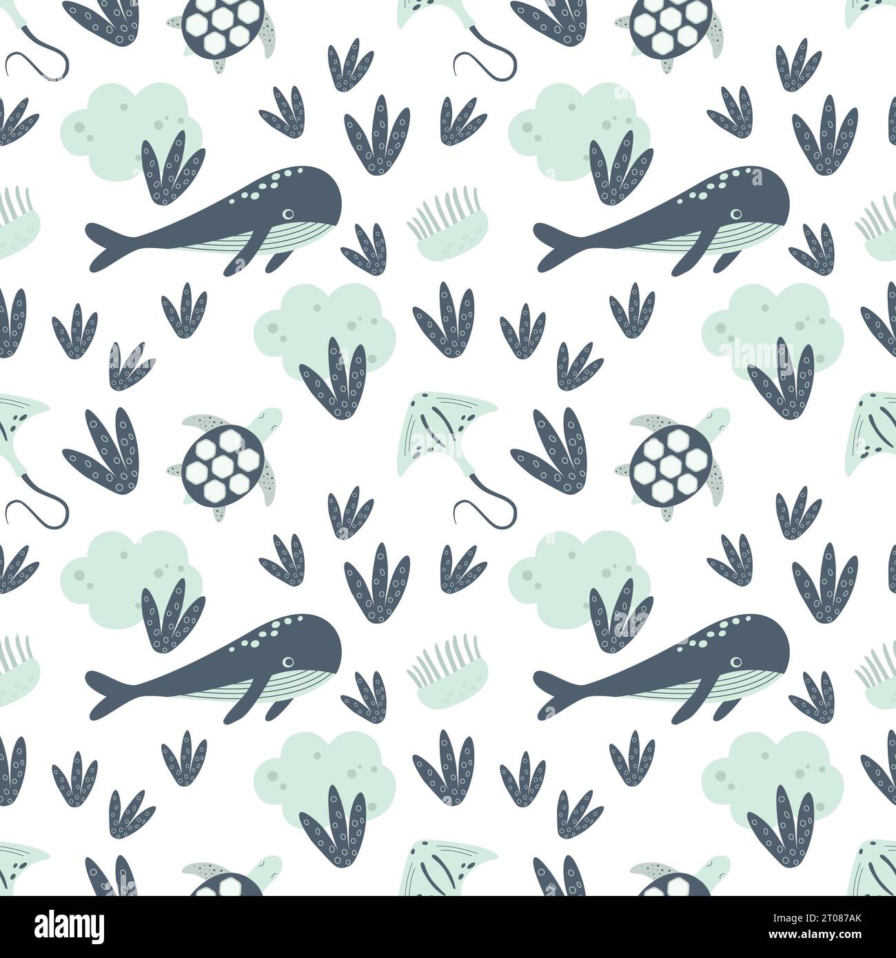 Seamless pattern with sea animals. Blue whale, stingray and turtle in ...