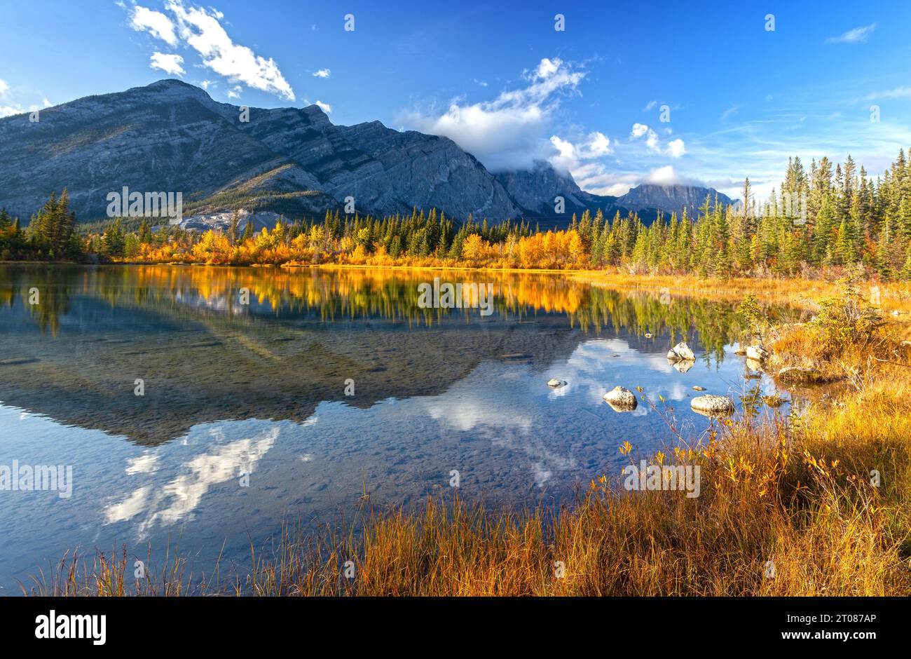 Scenic Autumn Colours Landscape, Tree Lined Many Springs Lake, Bow ...
