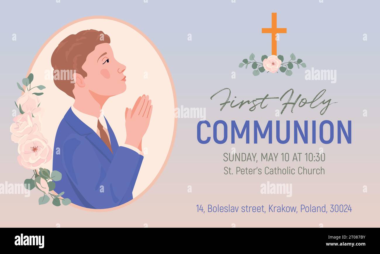 A boy in a smart suit for the first communion. Vector. An invitation to ...