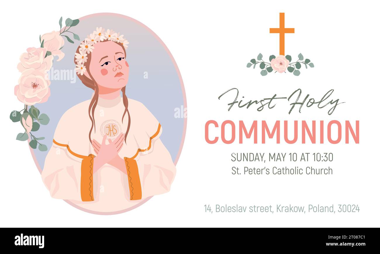 Girl in a white dress for the first communion. Vector. An invitation to ...