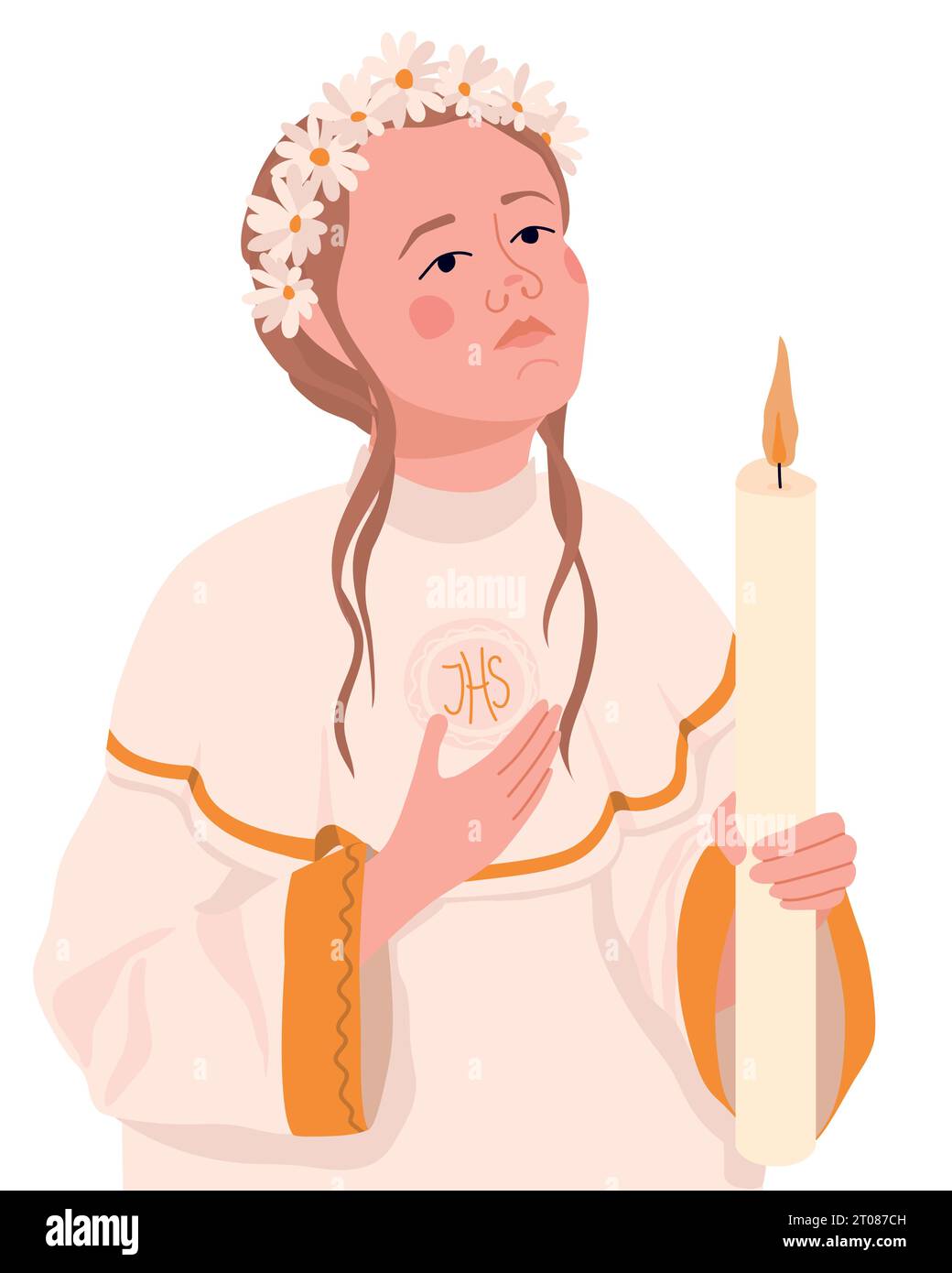 Girl in a white dress for the first communion. Vector. The child is ...