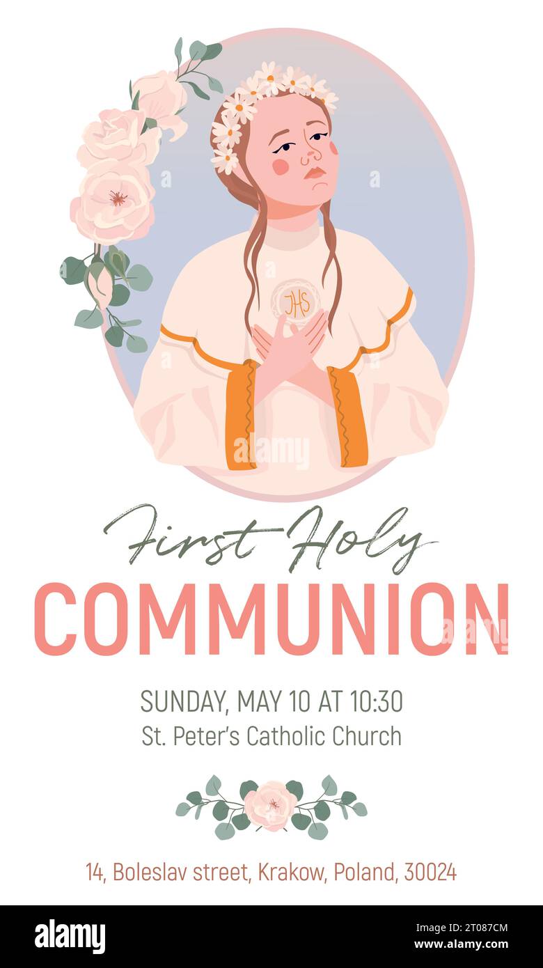 Girl in a white dress for the first communion. Vector. An invitation to ...