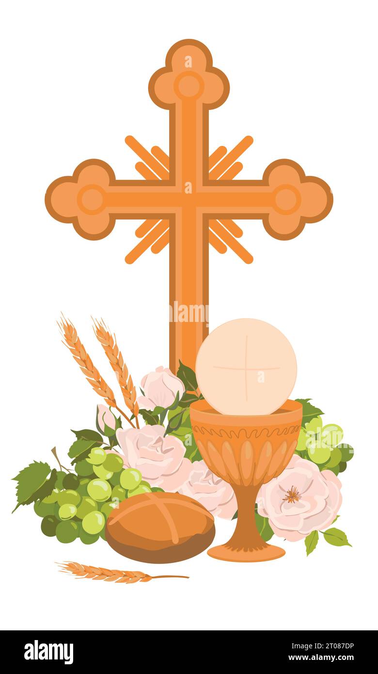 Symbols of the first communion. Vector. Golden bowl for wine, crucifix ...