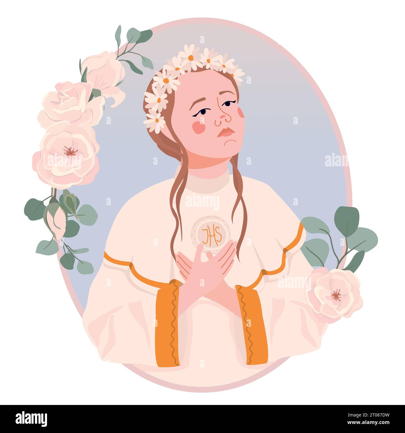 Girl in a white dress for the first communion. Vector. The child is ...