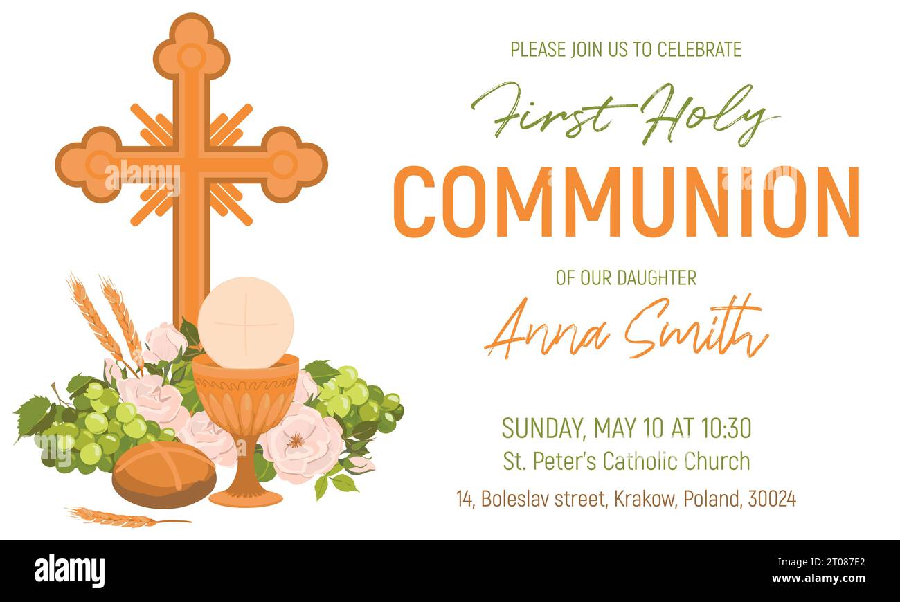 Symbols of the first communion. Vector. Golden bowl for wine, crucifix ...