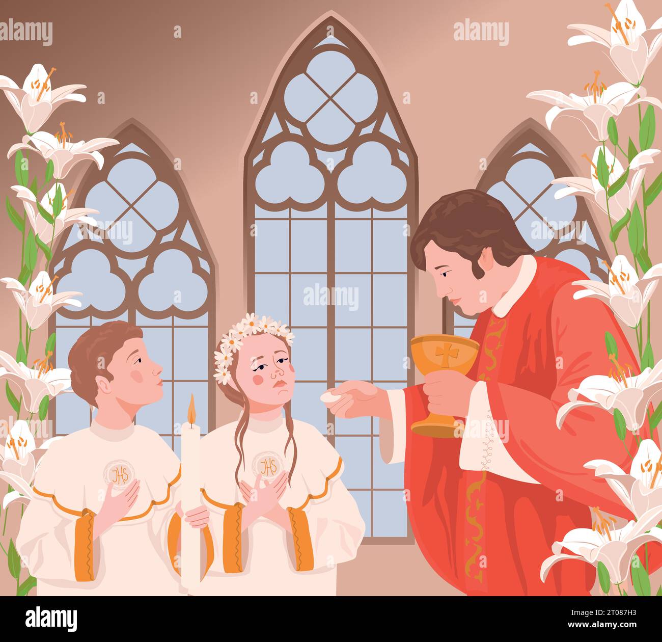 Children in the church during the first communion. The priest is ...