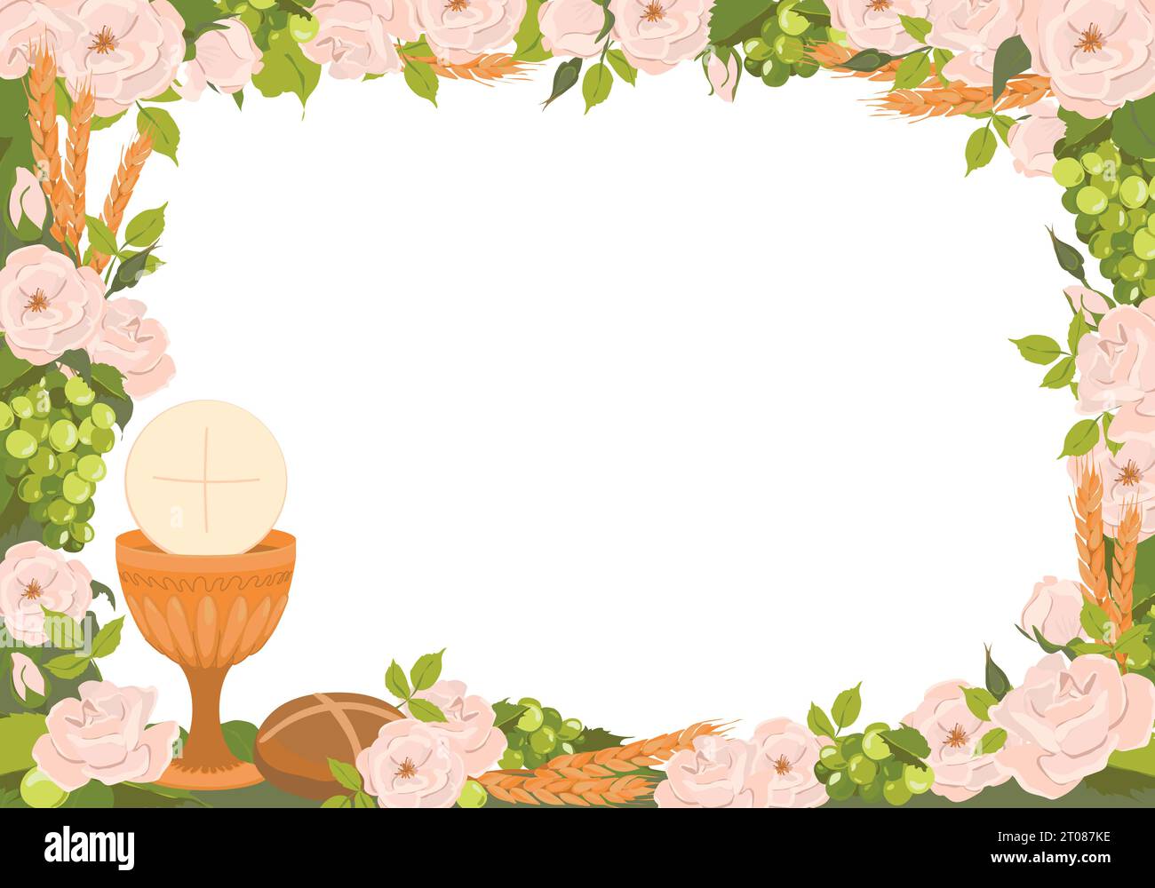 Symbols of the first communion in a rectangular frame. Vector. Golden ...