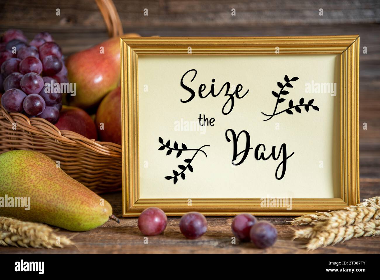 Fall Decoration with Fruits and Text Seize The Day Stock Photo - Alamy