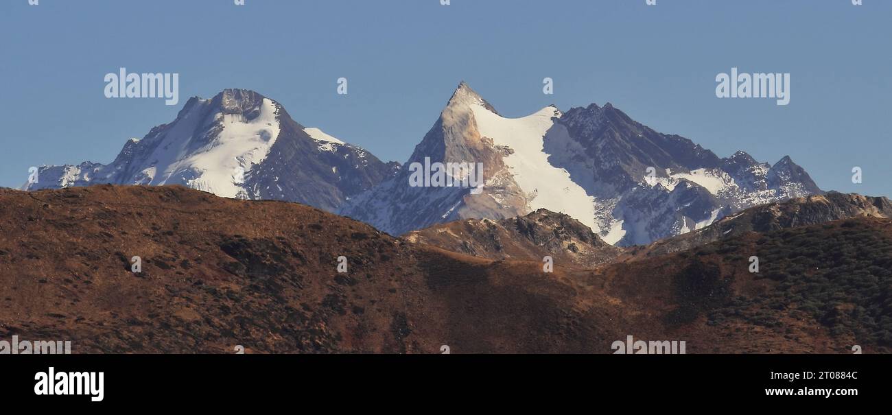 snowcapped himalaya mountain and alpine tundra landscape near bum la ...